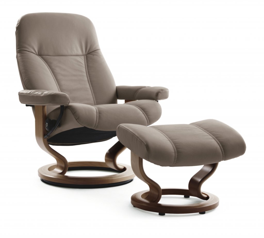 Stressless Consul Medium Chair and Stool In Mole and Walnut